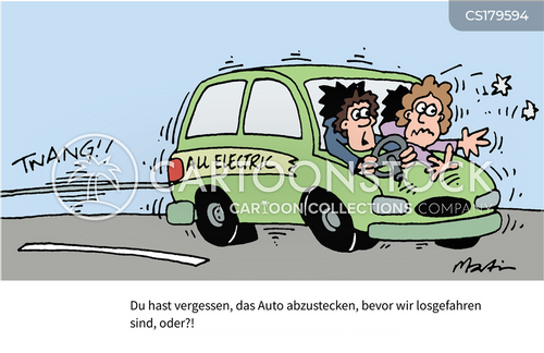 Cartoons und Karikaturen mit Elektroauto